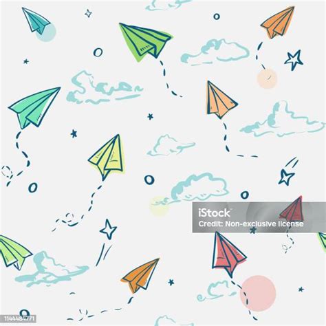 그려진 종이 비행기와 마음으로 완벽 한 반복 패턴입니다 직물 포장지 인사말 카드 등에 인쇄 할 수 있습니다 연속무늬에 대한 스톡 벡터 아트 및 기타 이미지 Istock