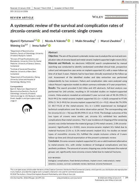 Clinical Oral Implants Res 2018 Pjetursson A Systematic Review Of The Survival And