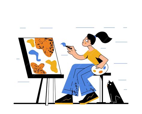 Художница рисует картину на холсте художник с палитрой красок и кистью творческая женщина