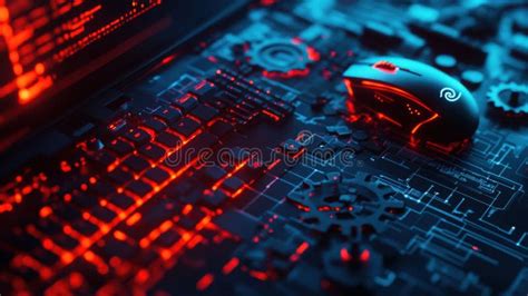 The Composition Showcases A Keyboard And Mouse With Glowing Details And A Gear Overlay