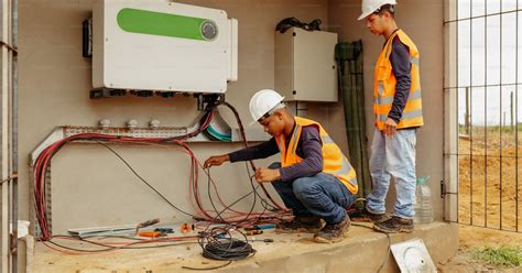 안전모와 안전 조끼를 입은 두 남자가 전기 패널에서 일하고 있다 사진 Unsplash의 재생 가능 에너지 이미지