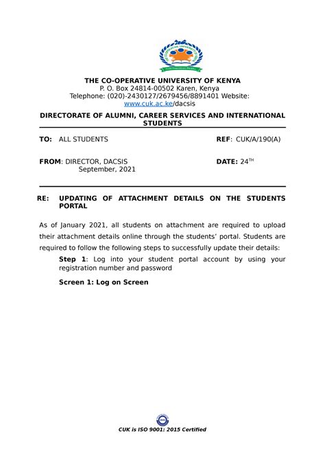 Memo To All Babes Going On Attachment Oct Feb THE CO OPERATIVE UNIVERSITY OF