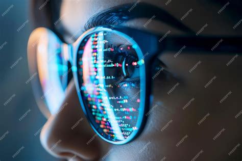 Premium Photo Woman Wear Glasses Looking Code Projected On Face And