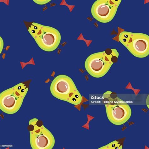 재미있는 아기 아보카도의 매끄러운 패턴 파란 배경에 안경과 활을 가진 쾌활한 작은 아보카도 세련된 직물 어린이 디자인 장식배경 벡터 이미지입니다 파란색 배경에 대한 스톡