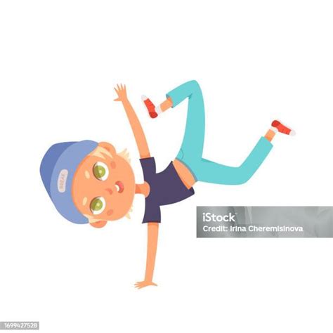 힙합 또는 브레이크 댄서 아이 벡터 그림입니다 만화 고립 귀여운 활동적인 소년 춤 재미있는 거리 춤 점프와 움직임 힙합 물구나무