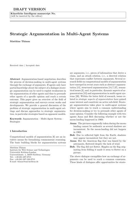 Pdf Strategic Argumentation In Multi Agent Systems