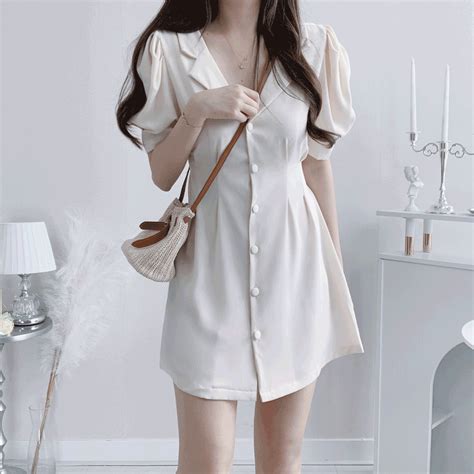 셔츠ops뒷트임바캉스룩 카라 퍼프 허리 스트링 핀턱 셔츠 원피스 에이블리