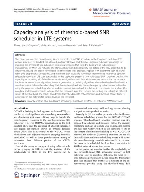 Pdf Capacity Analysis Of Threshold Based Snr Scheduler In Lte Systems