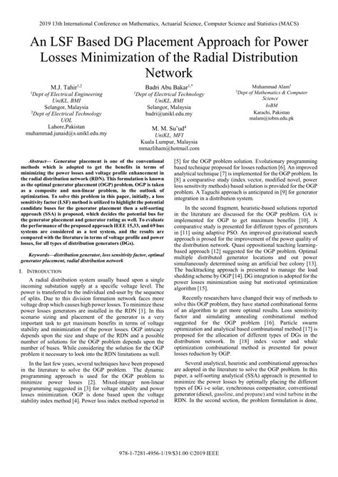 Pdf An Lsf Based Dg Placement Approach For Power Losses Minimization Of The Radial