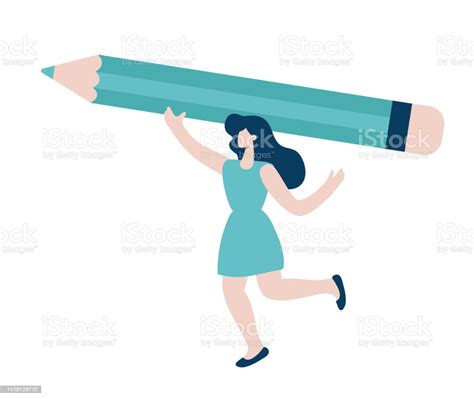 그녀의 머리 위에 큰 청록색 연필을 들고있는 작은 여자 검색 정보 솔루션 분석 쓰기 저널리스트 블로거의 개념 평면 스타일의 벡터 일러스트레이션 캐릭터 디자인 가공의 인물에