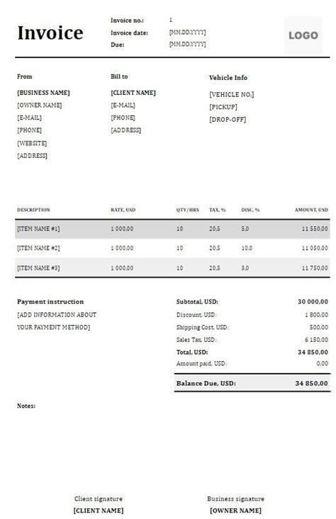 Free Towing Invoice Templates Word Excel Pdf