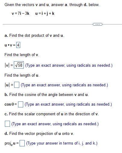 Solved Given The Vectors V And U Answer A Through D Chegg Com