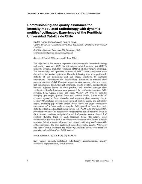 Pdf Commissioning And Quality Assurance For Intensity Modulated Radiotherapy With Dynamic