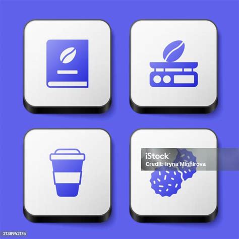 커피 책 전자 커피 저울 컵 투 고 및 쿠키 또는 비스킷 아이콘을 설정합니다 흰색 사각형 버튼입니다 벡터 건강한 생활방식에 대한 스톡 벡터 아트 및 기타 이미지 Istock