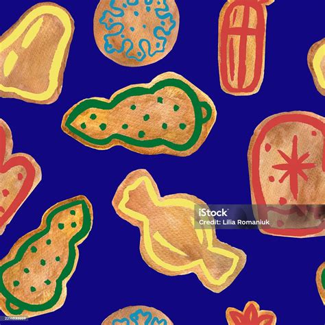 진저 브레드 트리 선물 사탕 장갑 크리스마스 베이킹 휴일 쿠키 착빙 완벽 한 패턴 수채화 작곡 카드 섬유 식기 파란색 배경 베이스에 격리 12월에 대한 스톡 벡터 아트 및