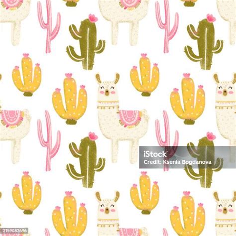라마와 선인장이 있는 귀여운 이음매 없는 패턴은 거친 질감과 연필 질감이 있는 분홍색과 노란색 음영입니다 포장지와 직물을 위한 패턴 0명에 대한 스톡 벡터 아트 및 기타