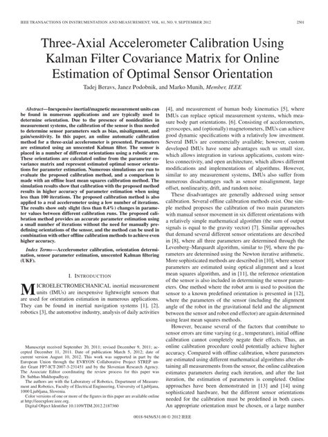 Pdf Three Axial Accelerometer Calibration Using Kalman Filter