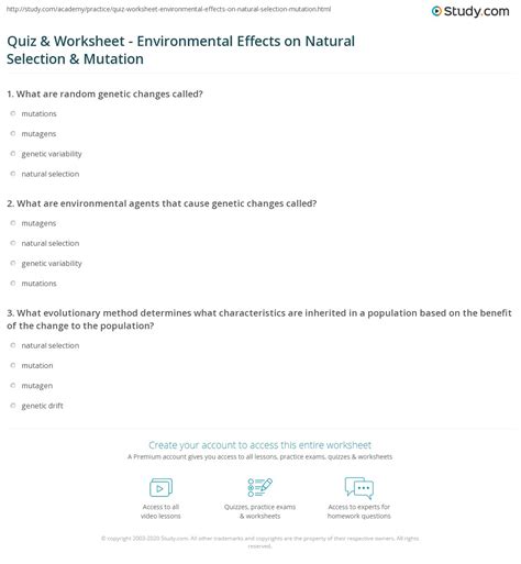 Quiz And Worksheet Environmental Effects On Natural Selection