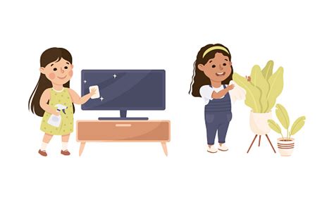 집안일을 하는 귀여운 애들 Tv 화면에서 먼지를 닦고 관엽 식물에 물을 뿌리는 어린 소녀 만화 벡터 일러스트 레이 션 가사
