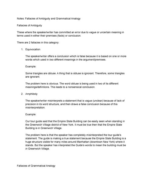 Notes Logical Error Fallacies Of Ambiguity And Grammatical Analogy Notes Fallacies Of