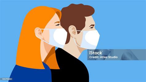 의료 용 마스크를 쓴 사람들 독감 폐렴 및 바이러스 감염의 예방 대기 오염에 대한 호흡기 보호 공공 장소에서 착용 보호 마스크 복사 공간으로 그림 개념에 대한 스톡 벡터