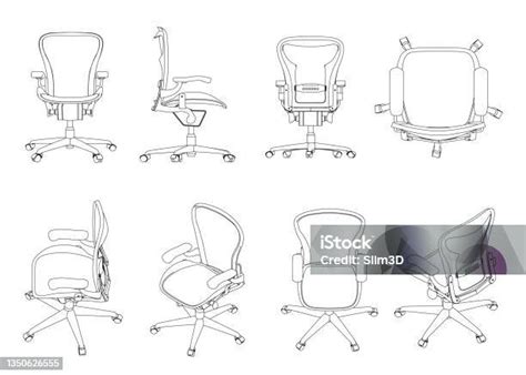 흰색 배경에 고립 된 검은 색 라인에서 게임 의자의 윤곽으로 설정합니다 등분성 보기 측면 위 전면 벡터 일러스트레이션 사무실 의자에 대한 스톡 벡터 아트 및 기타 이미지