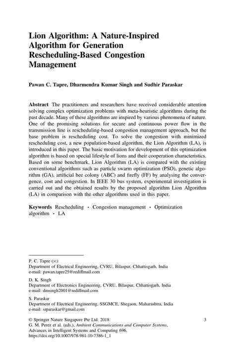 Pdf Lion Algorithm A Nature Inspired Algorithm For Generation Rescheduling Based Congestion