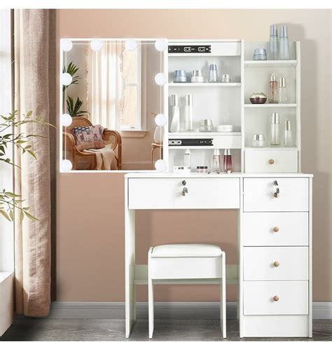 조명 거울이 있는 화장대 세트 드레싱 테이블 서랍 및 쿠션 스툴이 화이트 메이크업 테이블 침실용 모던 D0 티몬