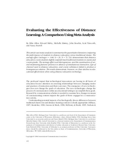 Pdf Evaluating The Effectiveness Of Distance Learning A Comparison Using Meta Analysis
