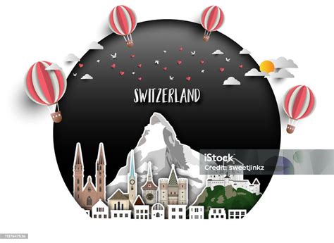 스위스 랜드마크 글로벌 여행 및 여행 종이 배경입니다 벡터 디자인 서식 파일입니다 귀하의 광고 책 배너 템플릿 여행 비즈니스 또는 프리 젠 테이 션에 사용 개념에 대한 스톡