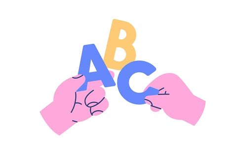 Abc 손 아이콘의 기본 알파벳 문자 어린이 교육 학습 공부를 위해 A B C를 들고 있는 팔 초심자를 위한 쉬운 초급 평면 그래픽 벡터 일러스트 레이 션