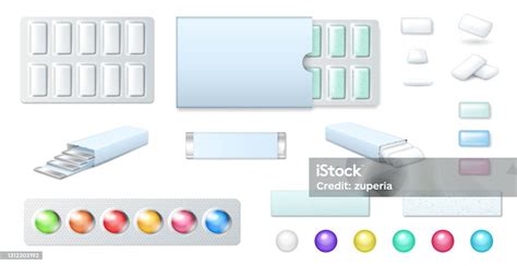 껌 세트 호일 패키지 물집 및 플라스틱 상자 모형에 현실적인 3d 풍선 껌 풍선껌에 대한 스톡 벡터 아트 및 기타 이미지 풍선껌 포장 상자 Istock