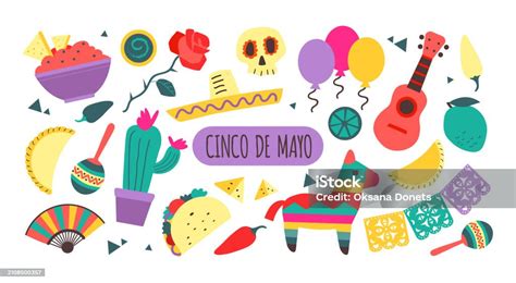 Cinco De Mayo Traditions Mexican Icons Vector Illustrations Set Stock