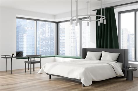 침대와 직장이 있는 현대적인 침실 인테리어 도시 전망을 감상할 수 있는 탁 트인 창문 0명에 대한 스톡 사진 및 기타 이미지 0명 3차원 형태 가구 Istock