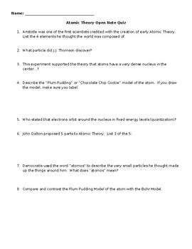 Atomic Theory Quiz By Stephenson S Science TPT