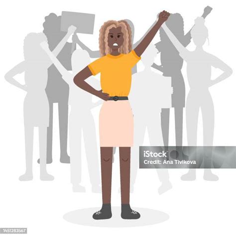 현수막을 든 시위대와 소녀가 주먹을 들고 있다 항의 민주주의 권리의 개념 시민 저항 손으로 그린 벡터 만화 그림입니다 여성 커뮤니티 논증 Revolution에 대한 스톡