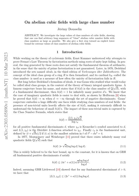 Pdf On Abelian Cubic Fields With Large Class Number