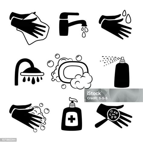 위생 블랙 아이콘입니다 살 균 크림 손 세척 항균 비누와 개인 수건 실루엣 아이콘 설정 개수대에 대한 스톡 벡터 아트 및 기타 이미지 개수대 건강관리와 의술 기포