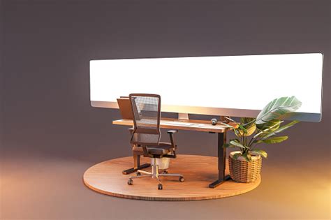 거대한 와이드스크린 모니터가 있는 나무 연단에 있는 단일 격리된 컴퓨터 작업 공간 프리랜서 및 홈 오피스 개념 3d 일러스트레이션 0명에 대한 스톡 사진 및 기타 이미지