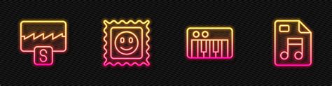 라인 음악 신디사이저 웨이브 이퀄라이저 Lsd 산 마크 및 Mp3 파일 문서를 설정합니다 빛나는 네온 아이콘입니다 벡터 강렬하고 밝은 색상에 대한 스톡 벡터 아트 및 기타