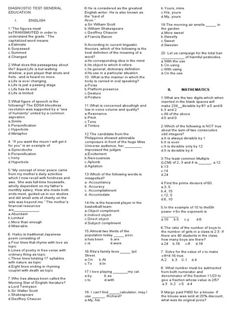 Diagnostic Test General Education Pdf Poetry Digestion