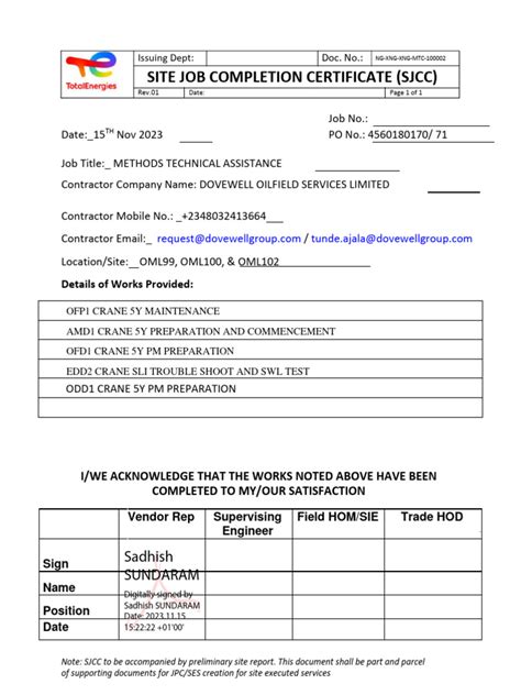 Job Completion Form Pdf