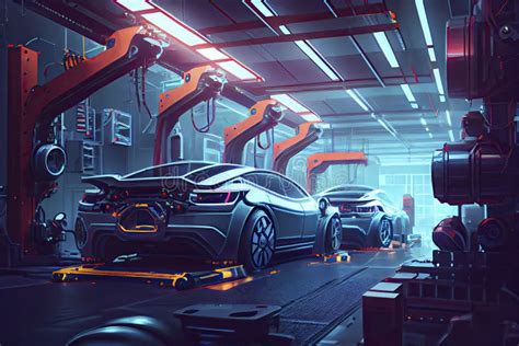 Automation Automobile Factory Concept With 3d Rendering Robot Assembly Line In Car Factory Stock