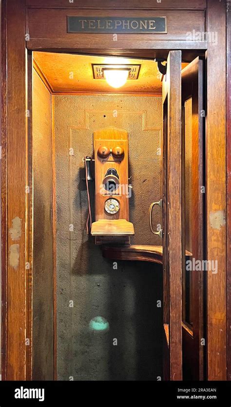 Vintage Telephone Booth Old Time Classic Wood Door Antique Stock