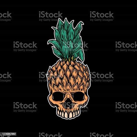 파인애플 두개골의 그림 라벨 기호 포스터 카드용 디자인 요소입니다 벡터 일러스트레이션 하와이 제도에 대한 스톡 벡터 아트 및