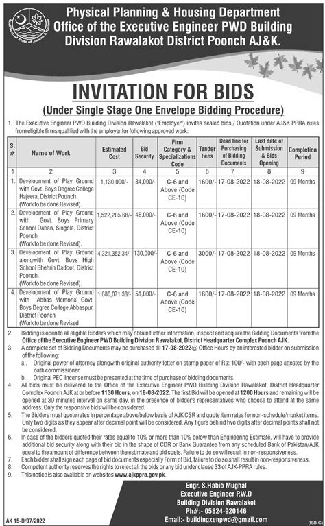 Pwd Housing Department Rawalakot Tender Notice For Development Of