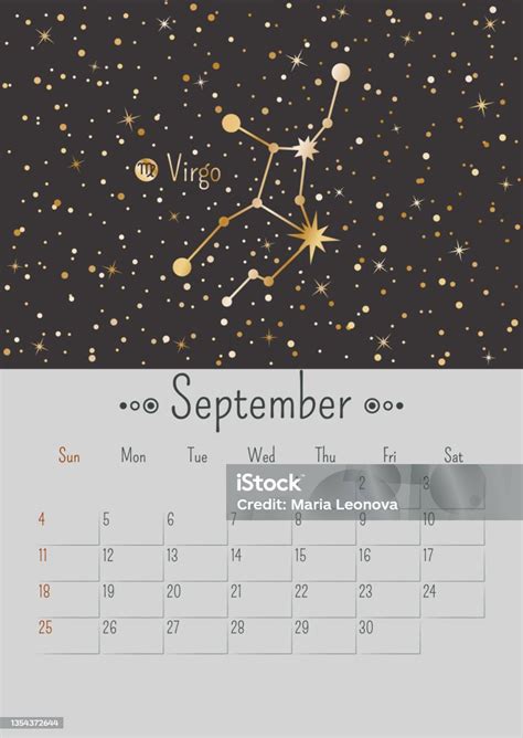 벡터 수직 2022 년 9 월 달력 황금 조디악 별자리와 검은 배경에 별 A3 별자리 처녀자리 기호와 A2 포스터 일러스트와 날짜 1개월의 플래너 0명에 대한 스톡 벡터