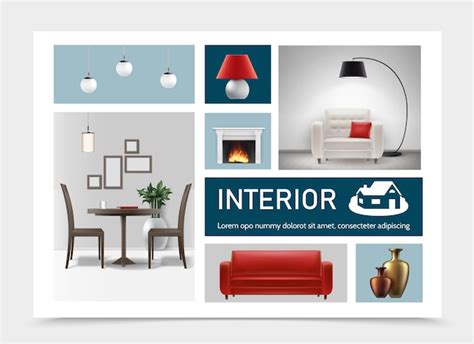 천장 플로어 램프가있는 현실적인 고전적인 인테리어 요소 컬렉션 야간 조명 안락 의자 소파 세라믹 꽃병 테이블과 거실 벽난로의