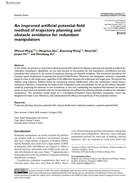 Pdf An Improved Artificial Potential Field Method Of Trajectory Planning And Obstacle