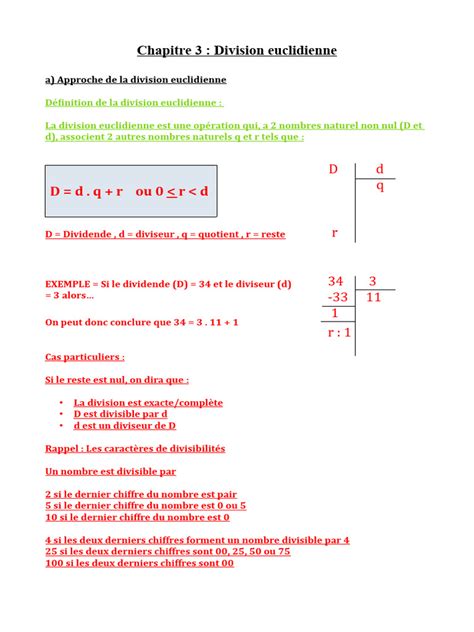 Synthèse Chapitre 3 Division Euclidienne Pdf